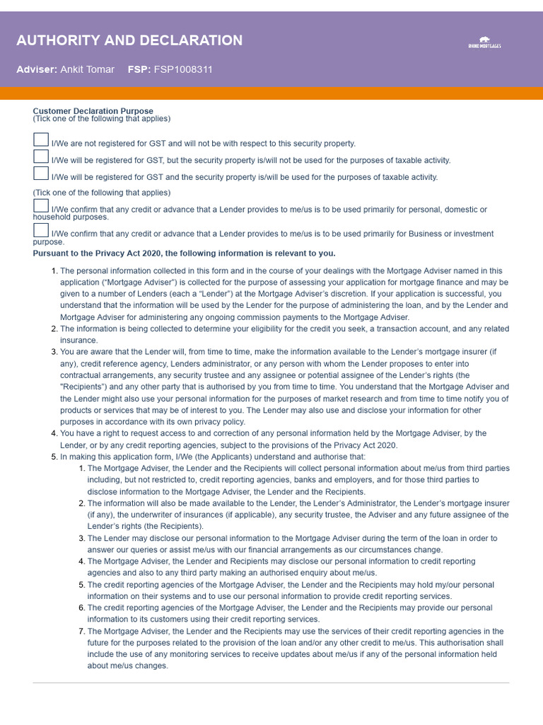 Rhino Authority & Declaration Form | PDF | Mortgage Broker | Mortgages