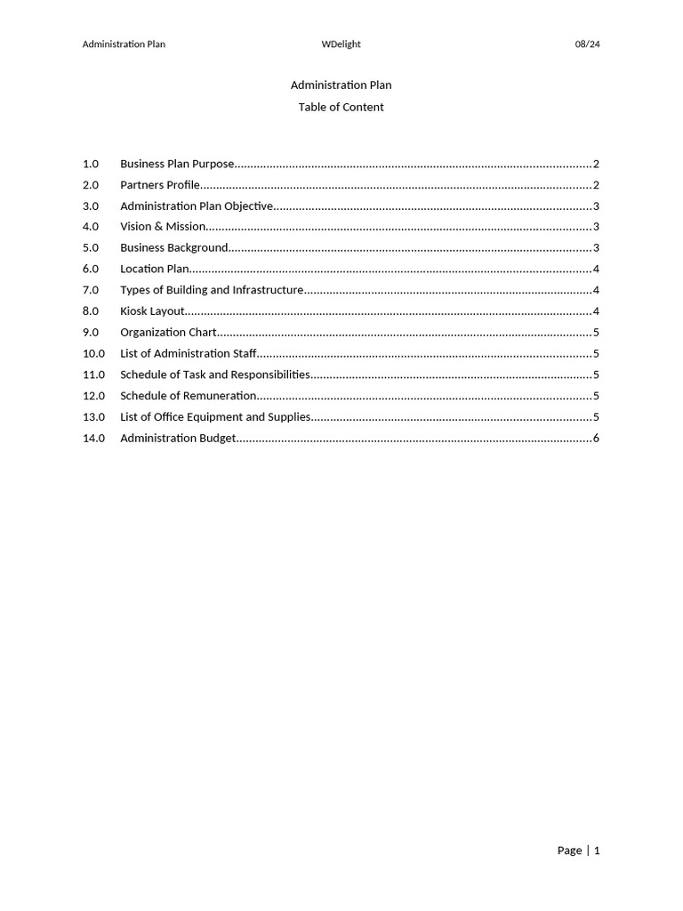 1. Administration Plan 2 | PDF | Chef | Business