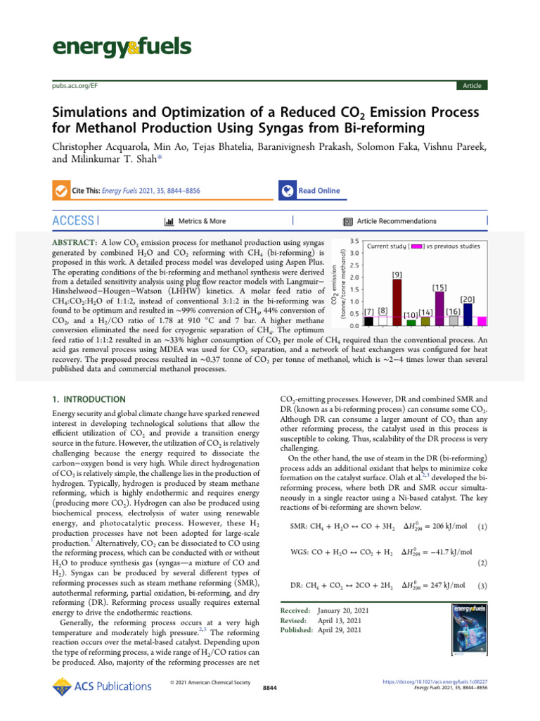 Acquarola Et Al 2021 Simulations and Optimization of A Reduced Co2 Emission Process For Methanol ...