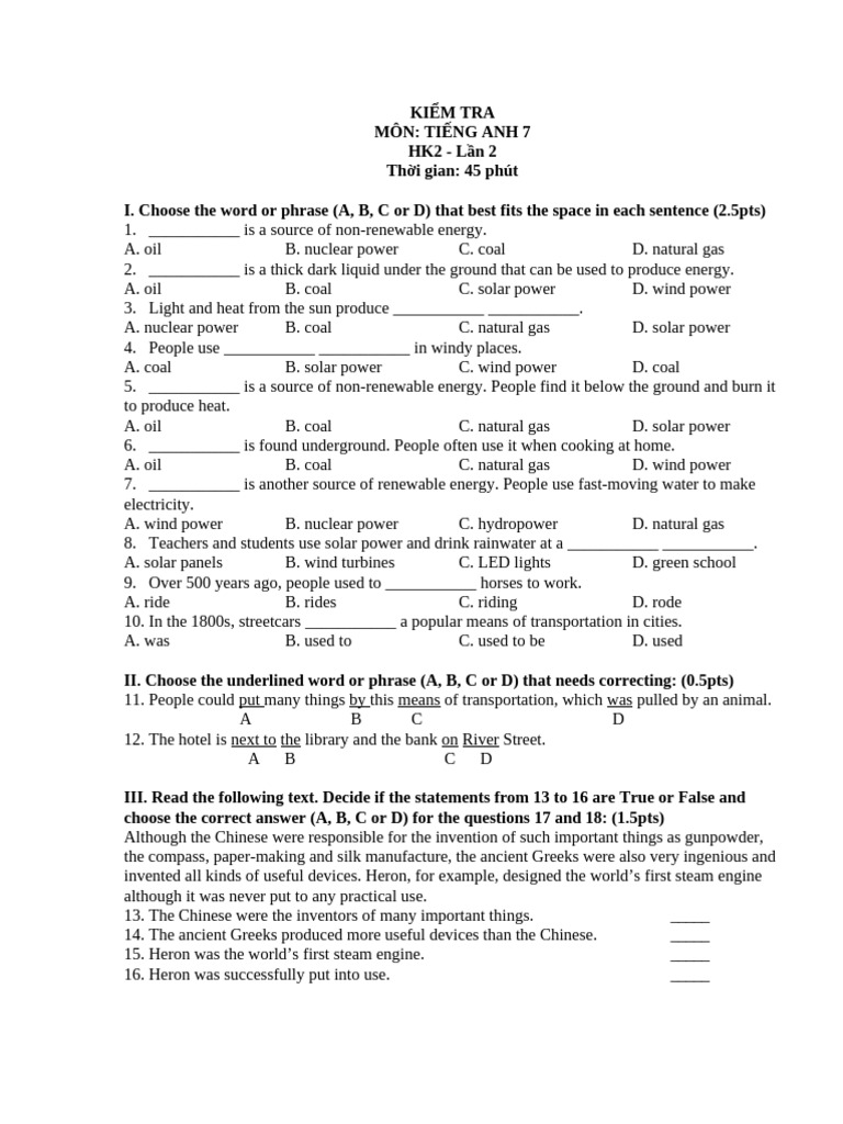 Bộ Đề Kiểm Tra Định Kỳ Ta7 Smart World Sw7 - 45p - 2 - hk2 | PDF | Wind Power | Solar Power