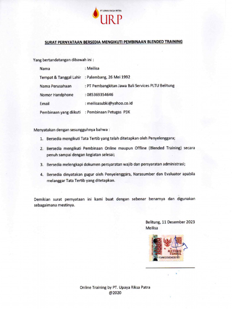 Surat Pernyataan Bersedia mengikuti training | PDF