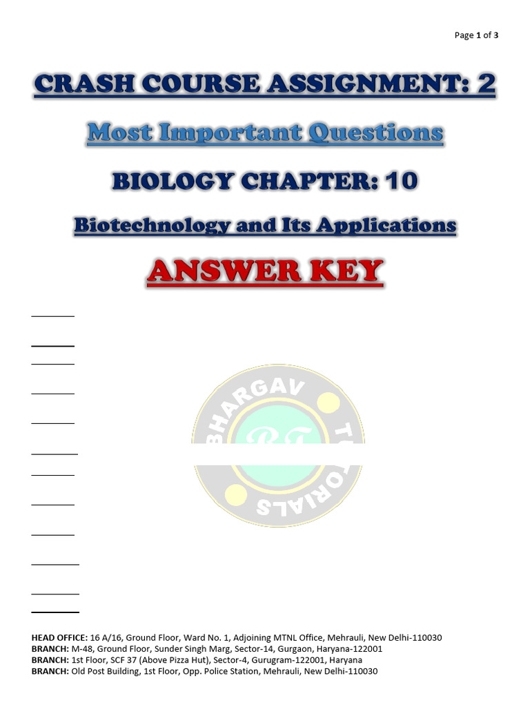 CRASH COURSE ASSIGNMENT No.02(Biotechnology and Its Applications)ANSWER KEY | PDF | Genetically ...