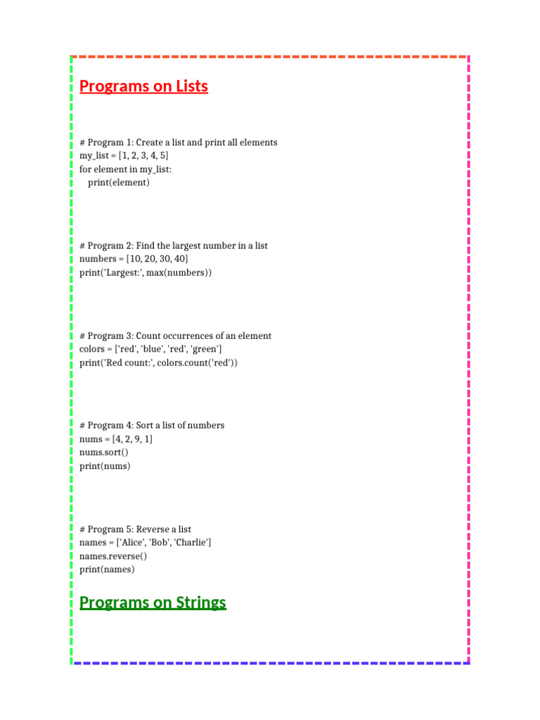 Python Programs for Lists, Strings, Tuples, Dictionaries | PDF