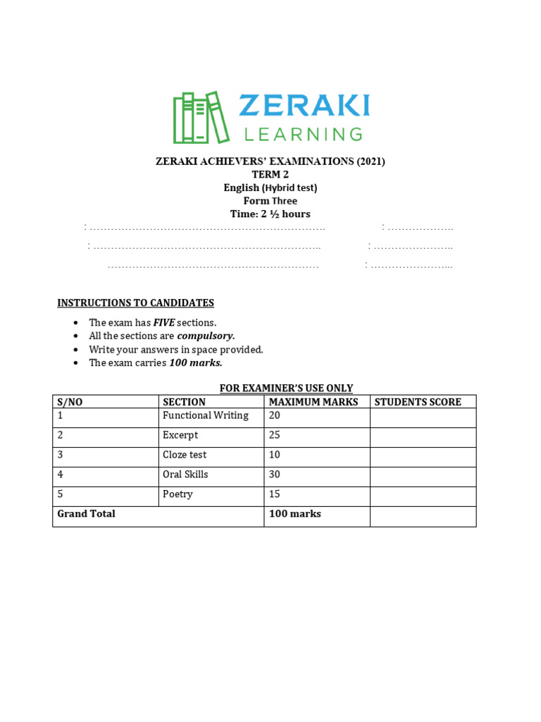 English Form 3 - Zeraki Achievers 2.0 - Question Paper | PDF