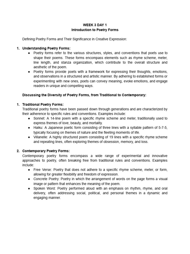 WEEK 3 DAY 1 Introduction To Poetry Forms 1 PDF Poetry Metre Poetry 