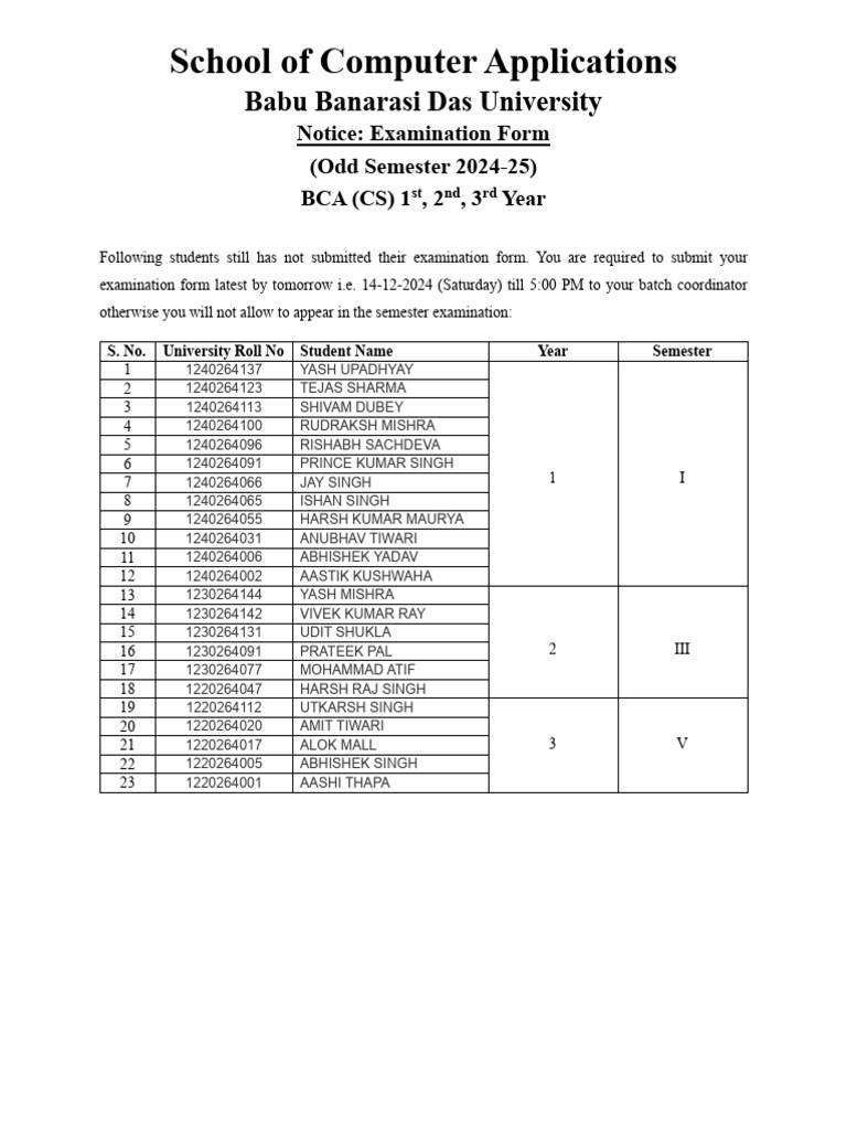 BCA Exam Form Submission Notice 2024 | PDF