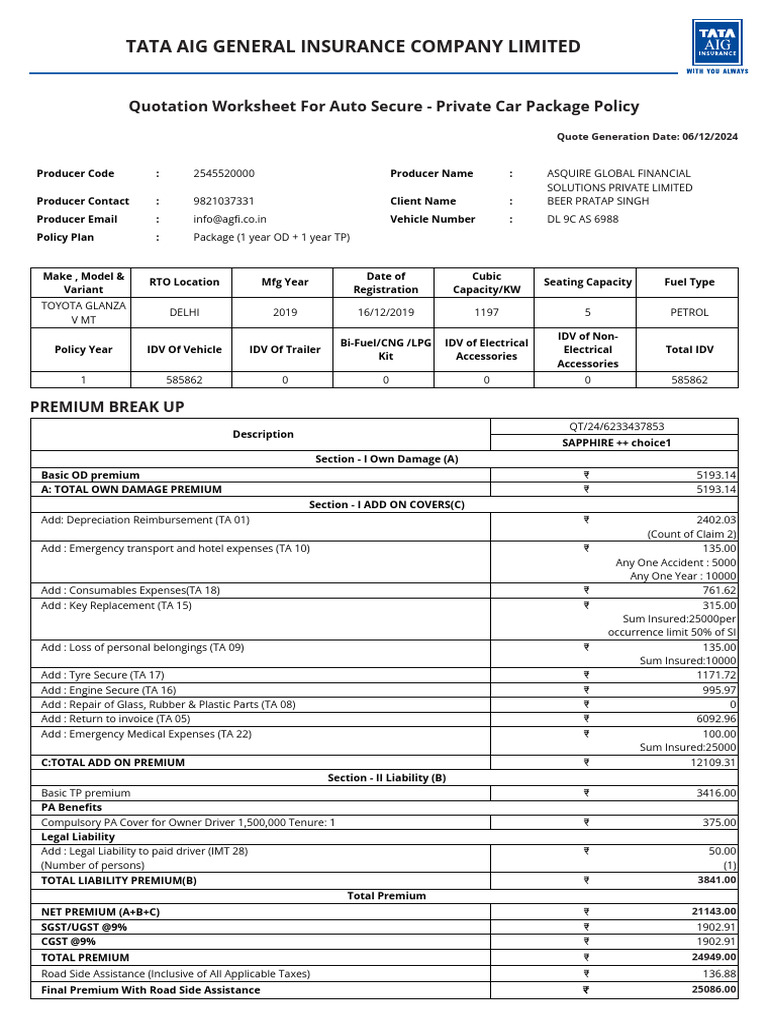 Tata AIG Motor Premium Quote_3184_QT_24_6233437853 (1) | PDF ...