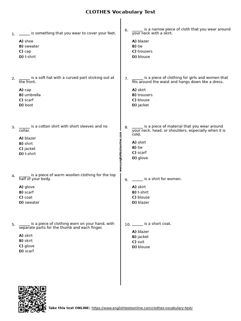 126 Clothes Vocabulary Test Englishtestsonline.com | PDF | Blouse | Shirt