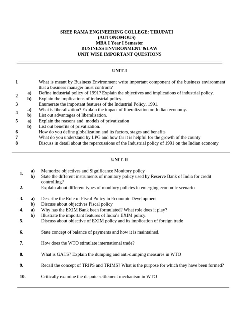 BE&L SRET24 Unit Wise Important Questions | PDF | Policy | Industrial Policy