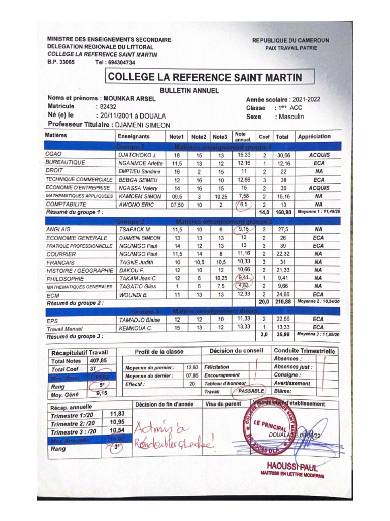 BULLETIN ANNUEL 1re | PDF