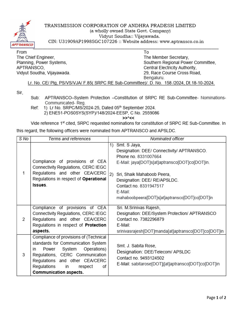 158 - Constitution of SRPC RE Sub-Committee - Nominations-Communicated - Reg. | PDF