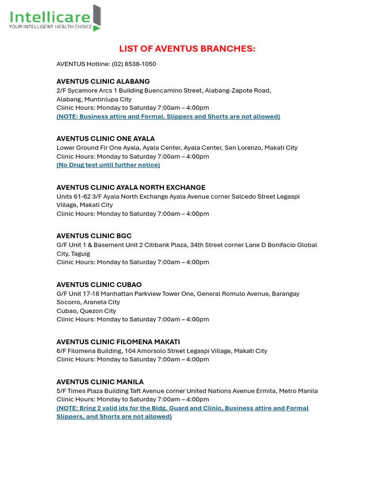 Aventus Clinic Locations and Hours | PDF | Makati | Metro Manila