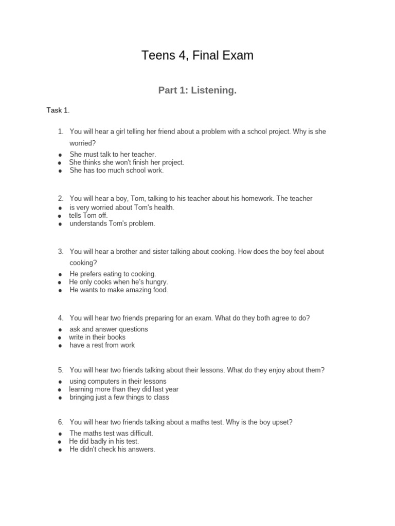 Teens 4, Final Exam. Students Sheet | PDF