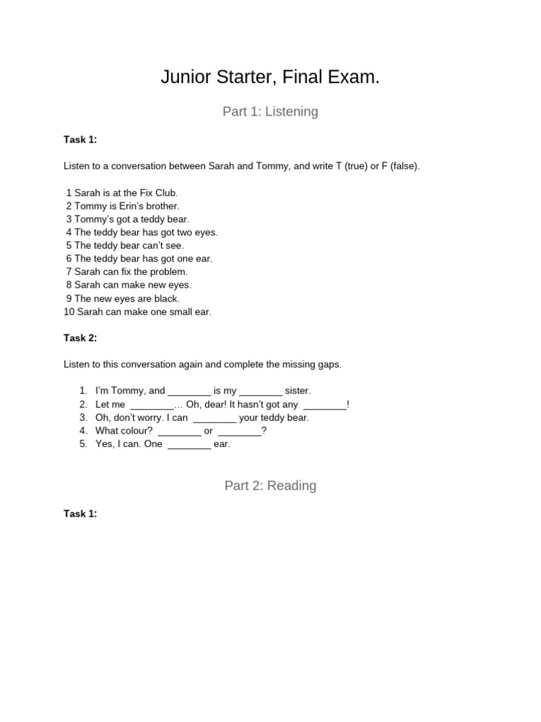 Junior Starter, Final Exam. Students Sheet | PDF | Human Hair | Hair