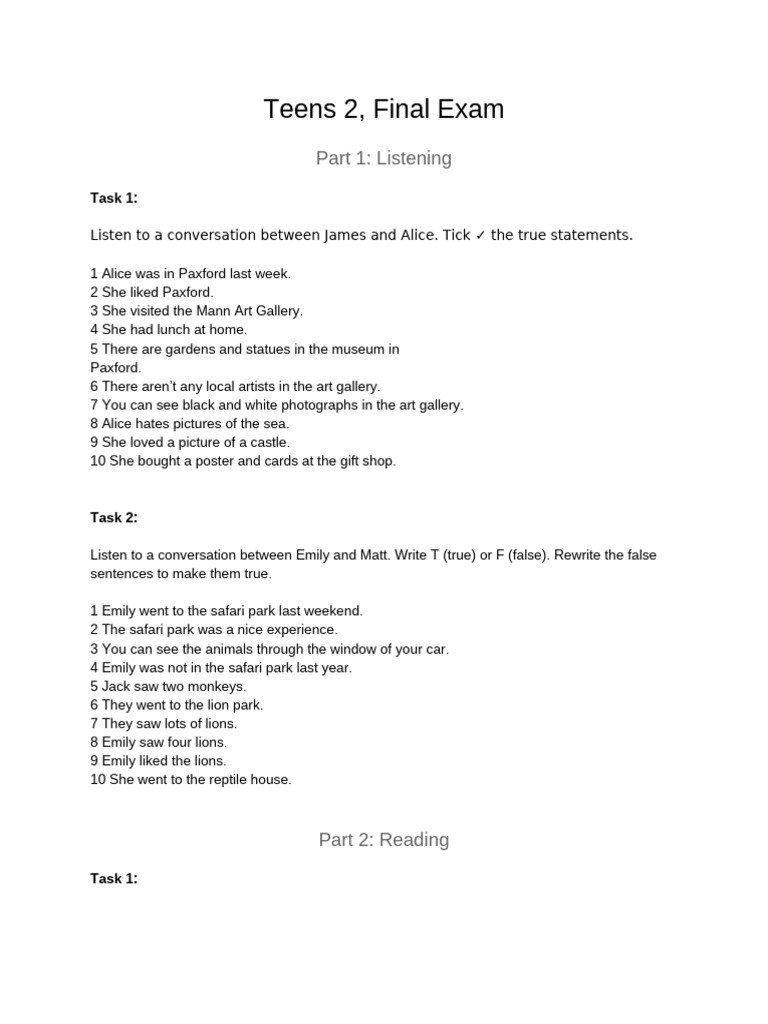 Teens 2, Final Exam. Students Sheet | PDF