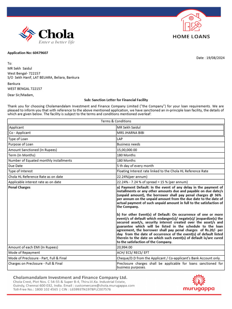 Sanctionletter of Chola Home Loan | PDF | Loans | Interest