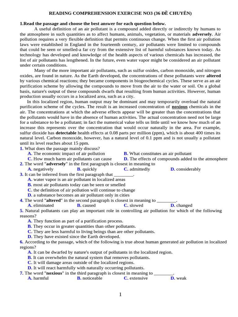 Reading Comprehension Exercise No3 | PDF | Sun | Atmosphere Of Earth