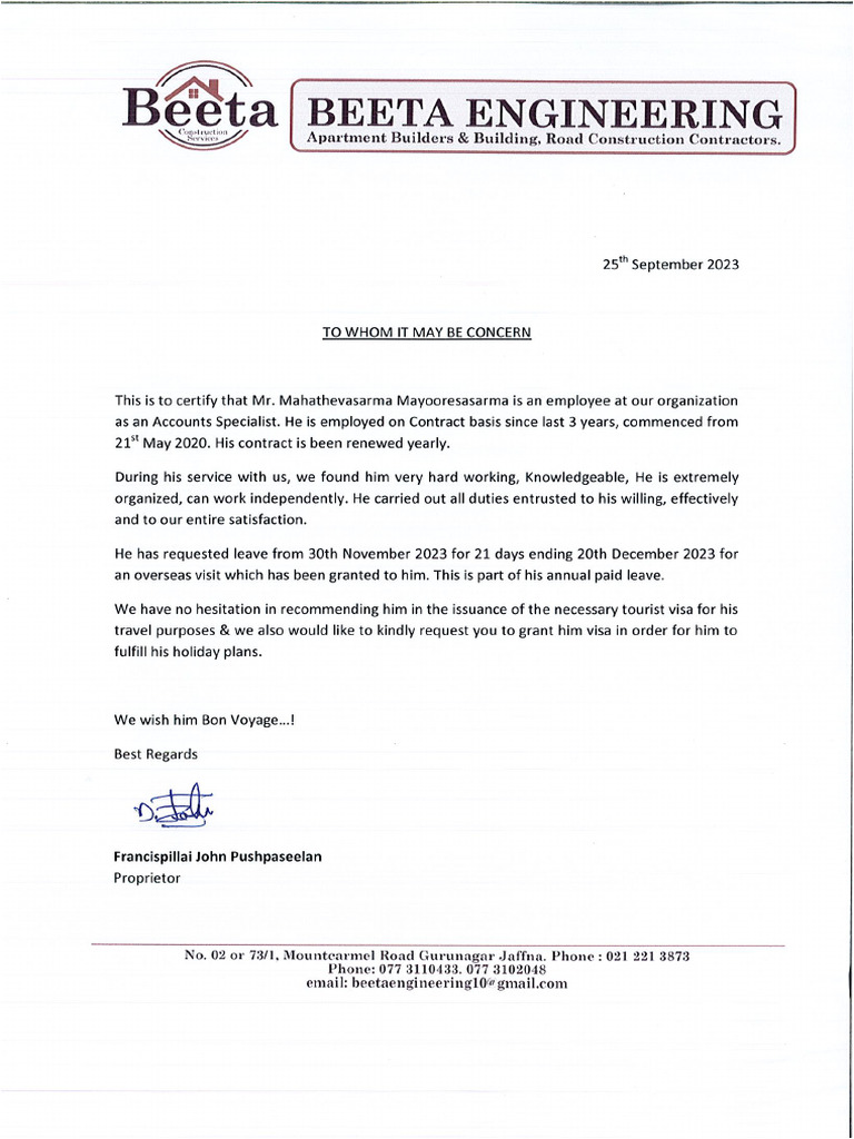 Prasanth Employment Letter | PDF