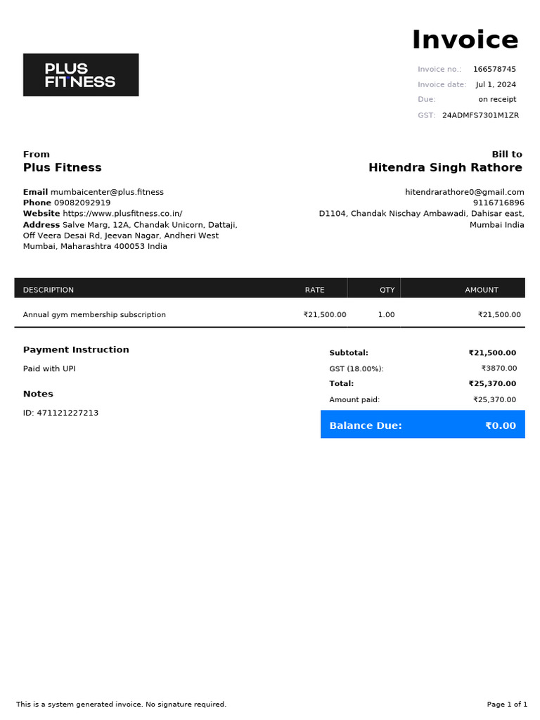 Plus Fitness Invoice | PDF