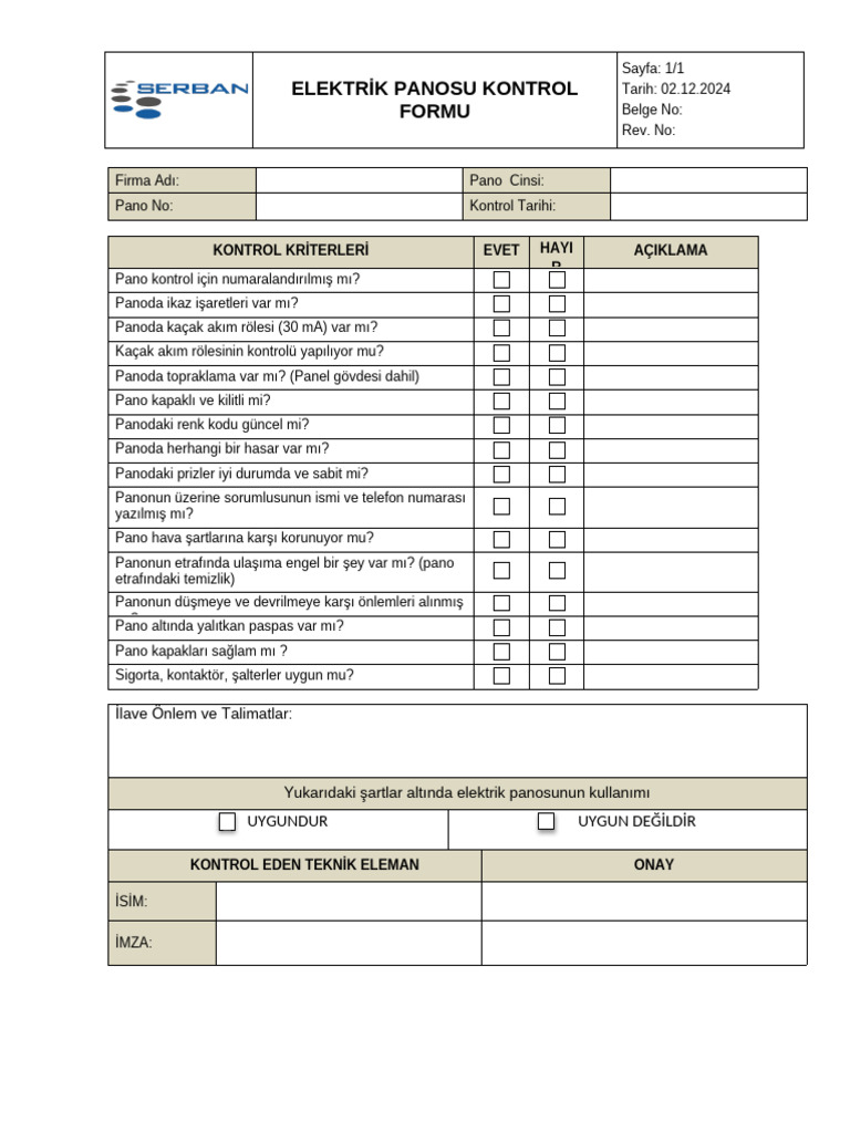 ISG-F029 Elektrik Panosu Kontrol Formu | PDF