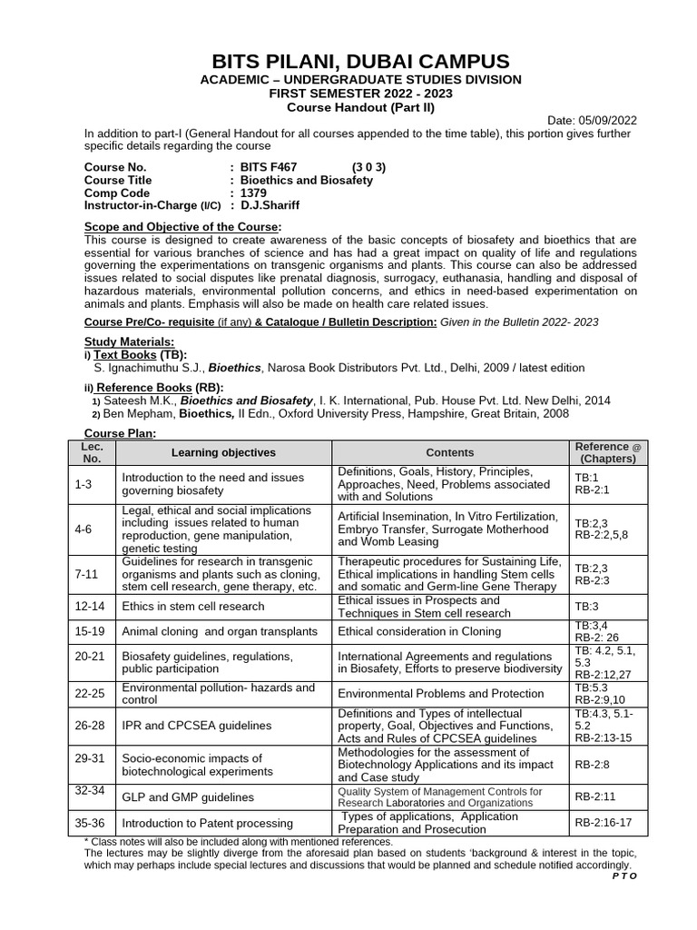 Bioethics and Biosafety Course Handout | PDF | Cloning | Stem Cell