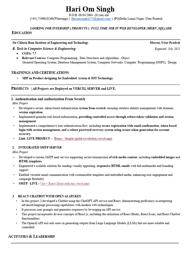 670b677654c69_Hari_Om_Singh_Resume_Delhi | PDF | Computing | Computer Science