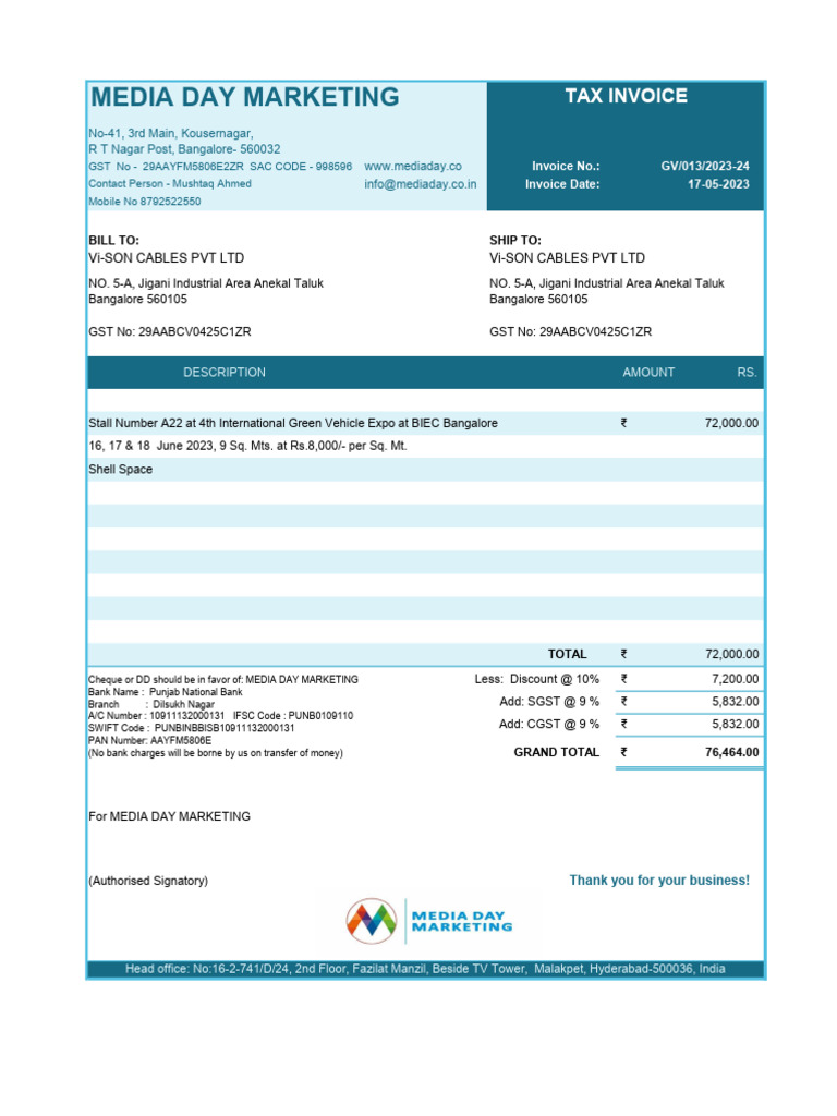 Media Day Marketing Invoice for Vi-SON | PDF