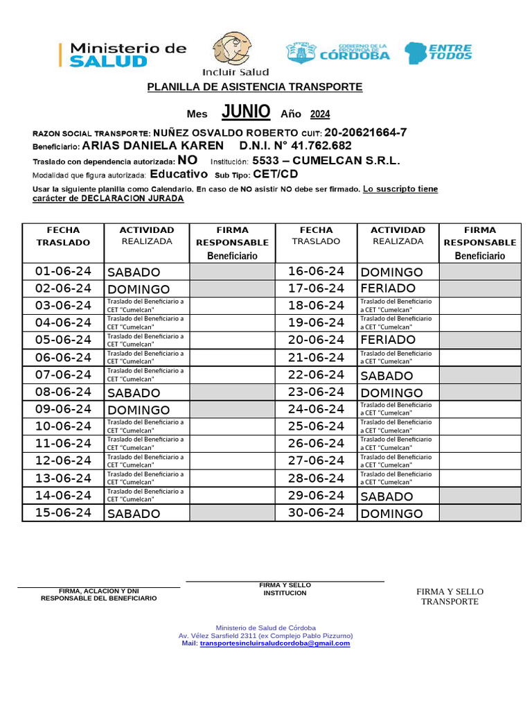 Planilla de Asistencia Junio 2024 | PDF