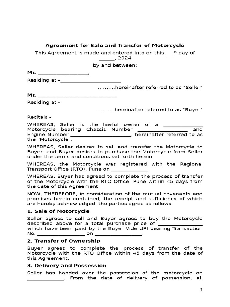 Agreement For Sale and Transfer of Motorcycle Format | PDF | Legal ...