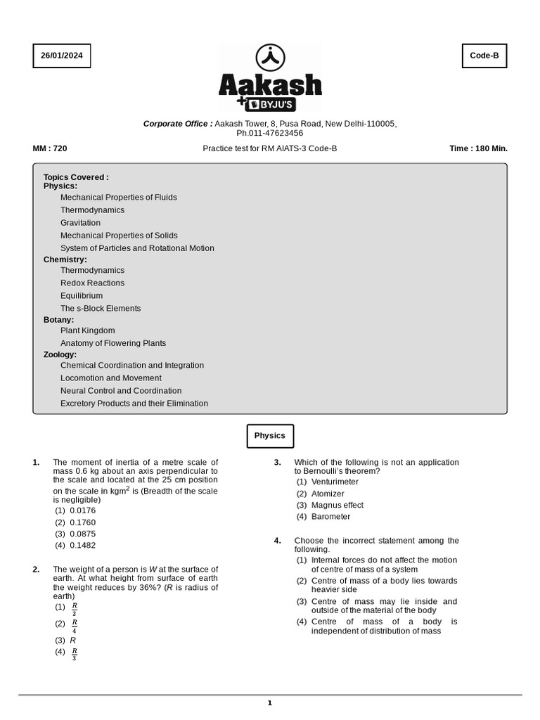 Practice Test For RM AIATS-3 Code-B | PDF | Physical Sciences | Applied ...