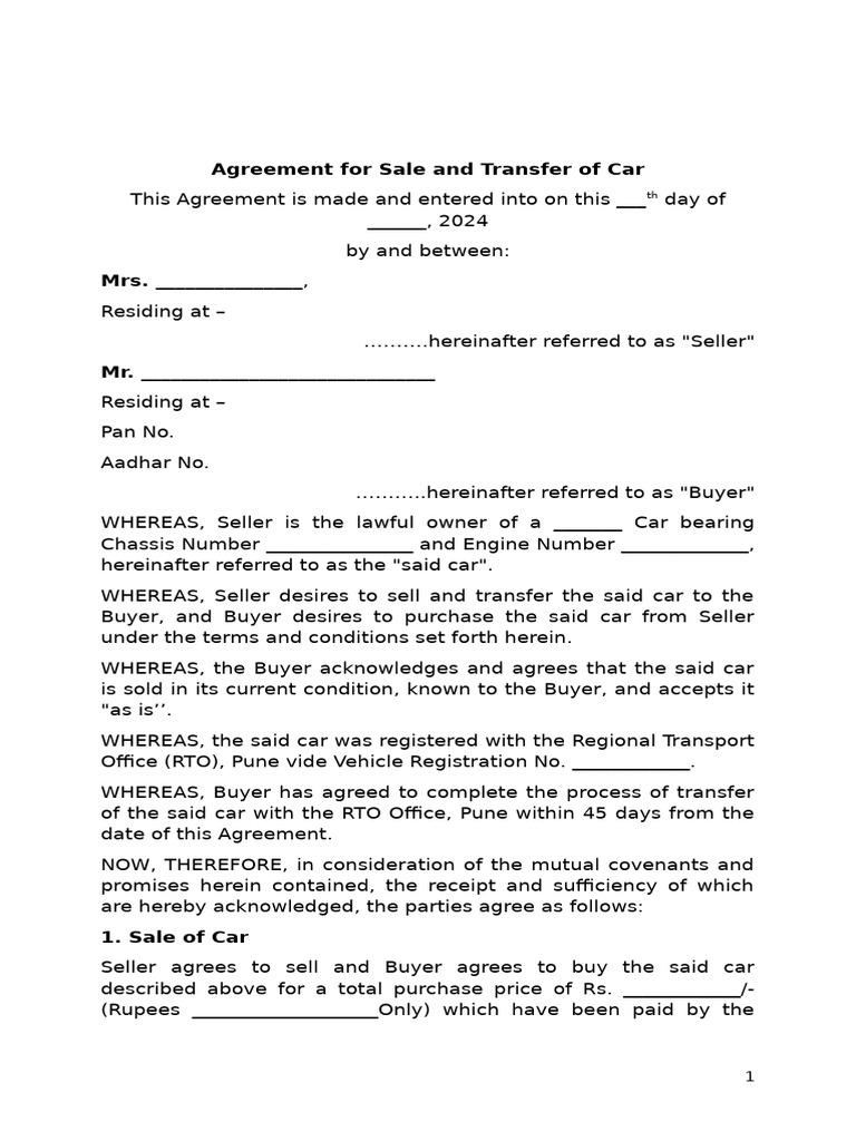 Car Sale and Transfer Agreement Template | PDF | Legal Liability ...