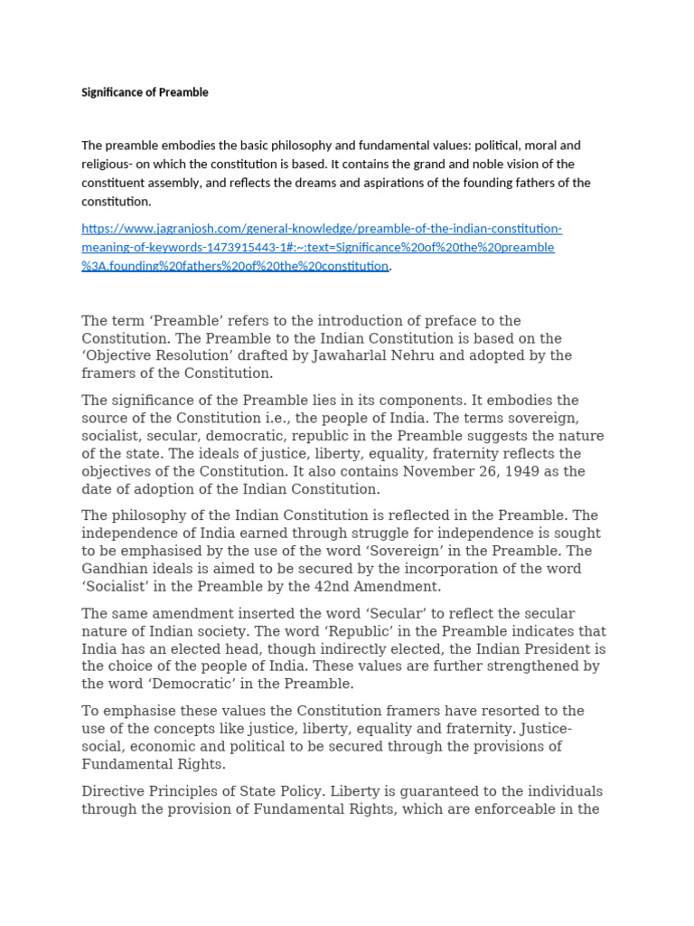 Significance of Preamble | PDF | Statutory Law | Political Charters