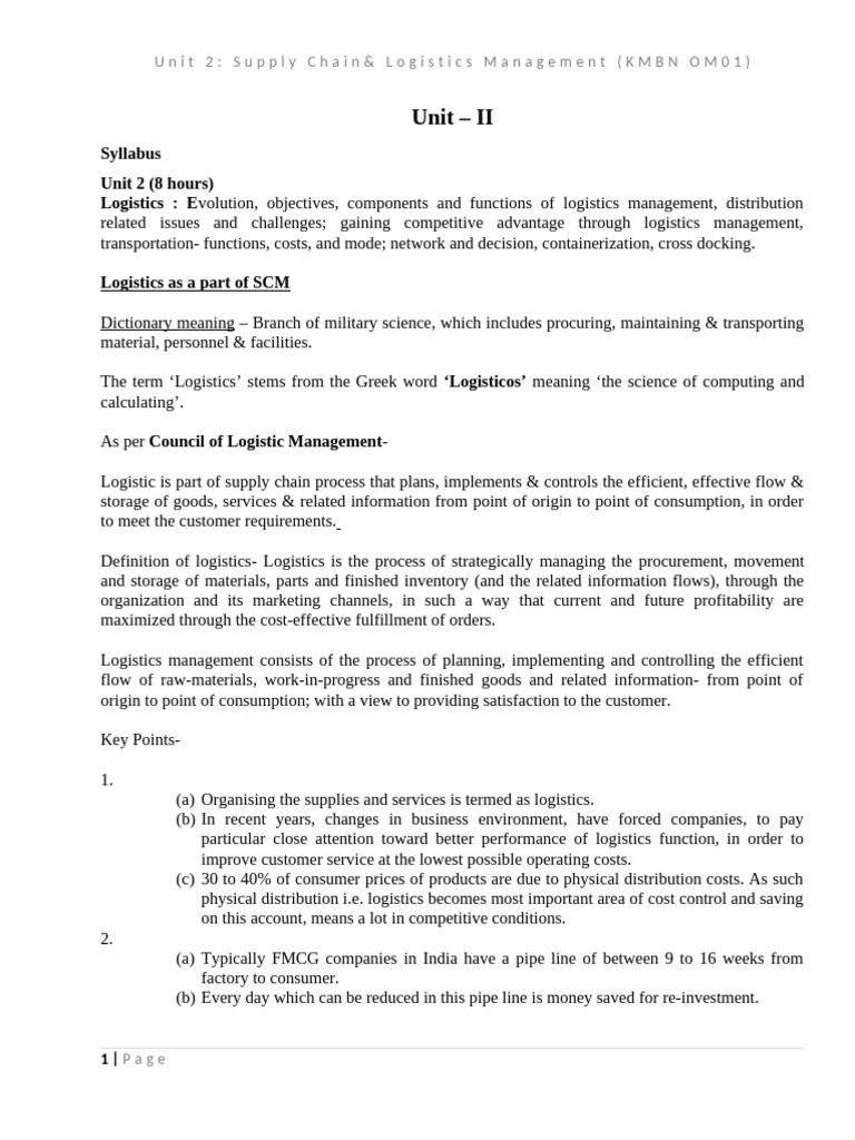 SC&LM UNIT 2 Notes | PDF | Logistics | Warehouse