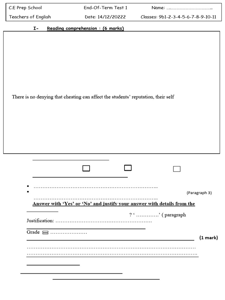 9th Form End of Test 1 2022 SANA FRAYJIA | PDF | Psychology | Behavior ...