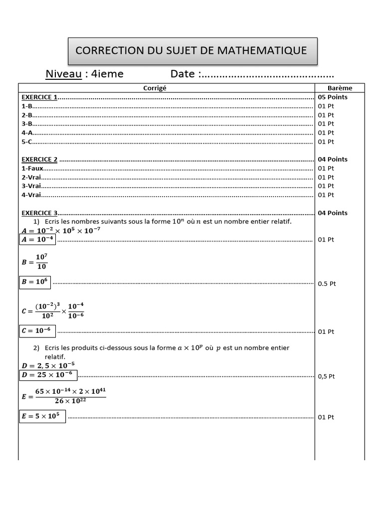 CORRECTION DU SUJET DE MATHs 4ieme | PDF