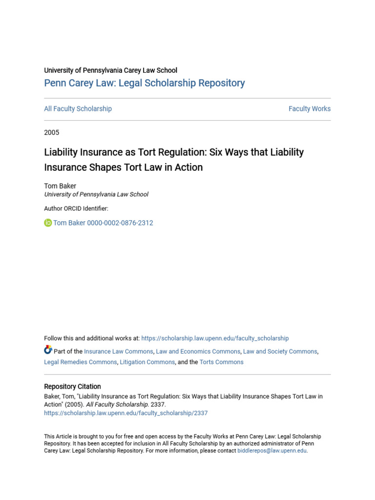 Liability Insurance As Tort Regulation - Six Ways That Liability I ...