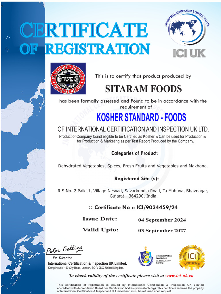 Sitaram Foods Kosher Certification Pdf