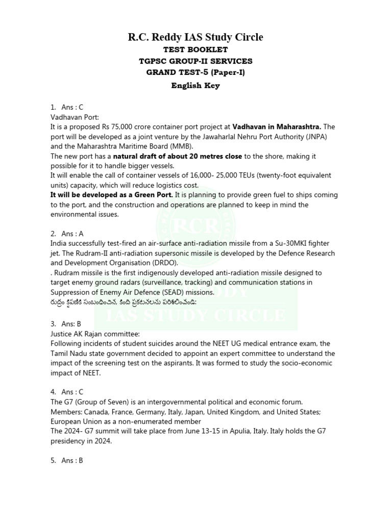 TSPSC GROUP-II Grand Test-5 - T & E - Key-1 | PDF