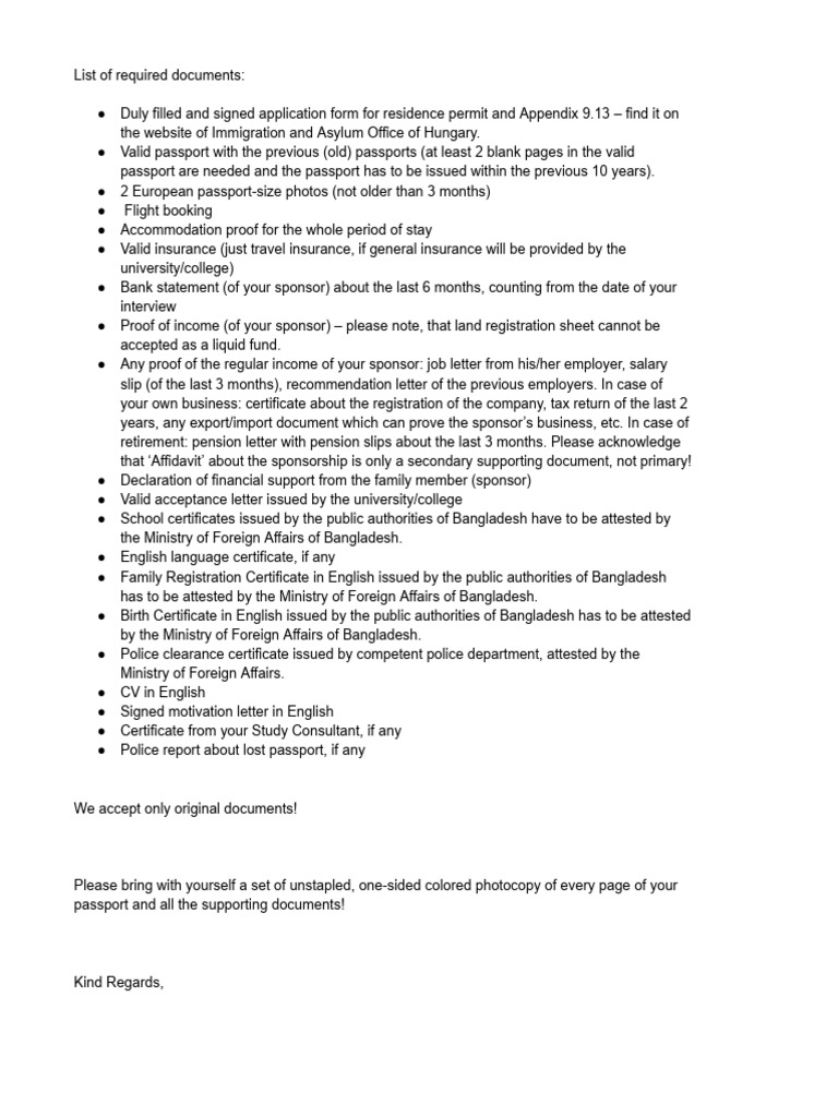 Hungary Residence Permit Document Checklist | PDF | Passport ...