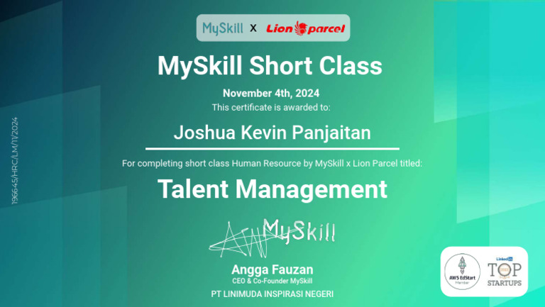 Joshua Kevin Panjaitan - E-Certif SC Talent Management MySkill ...