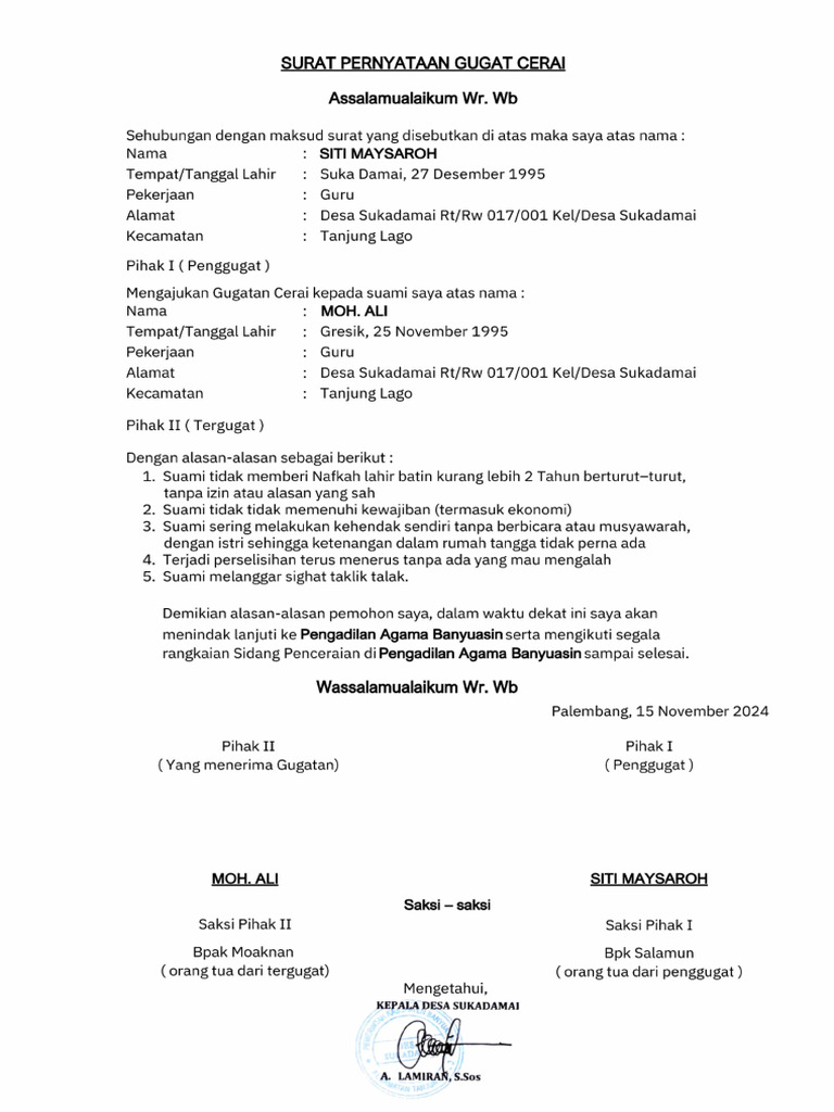 Surat Pernyataan Gugat Cerai - Tn.Ali | PDF