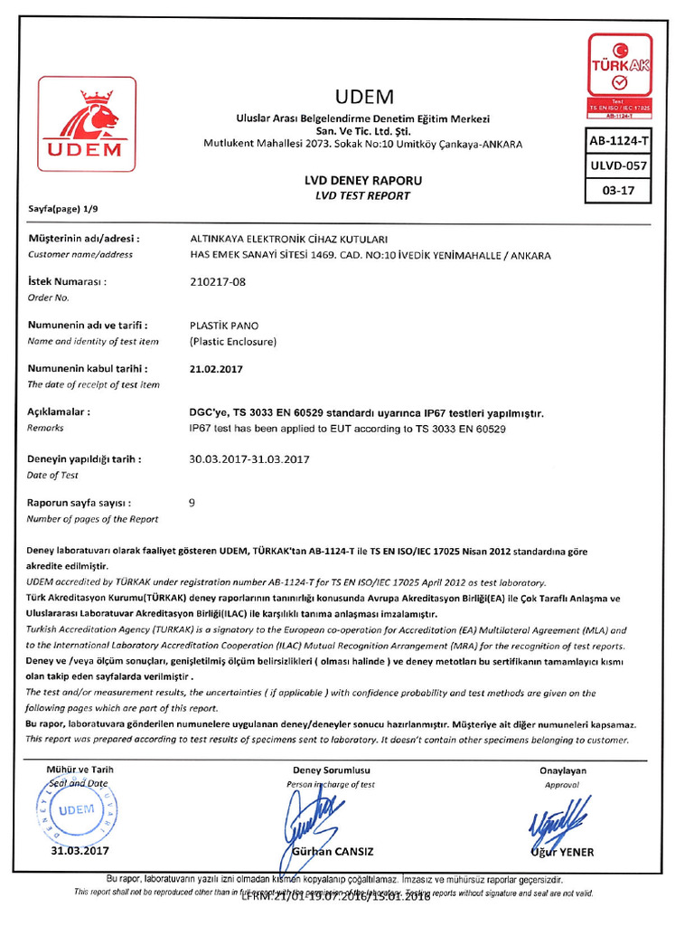 Plastic IP67 Box Turkish Fabricant Certificate EC-4050 - IP | PDF