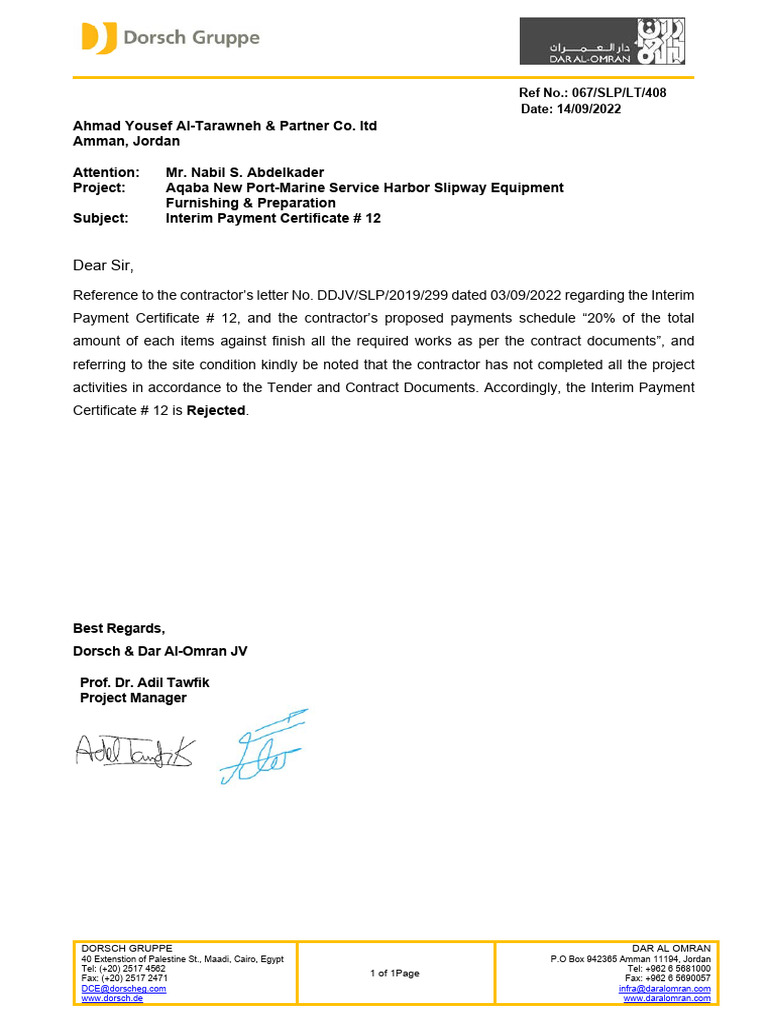 Aqaba Slipway-067S-SLP-LT-408 Interim Payment Certificate # 12 | PDF