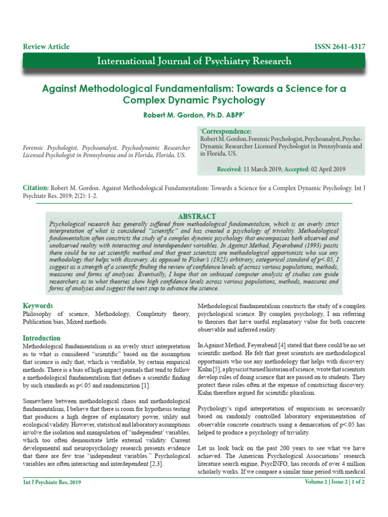 Against Methodological Fundamentalism Towards A Science For A Complex ...