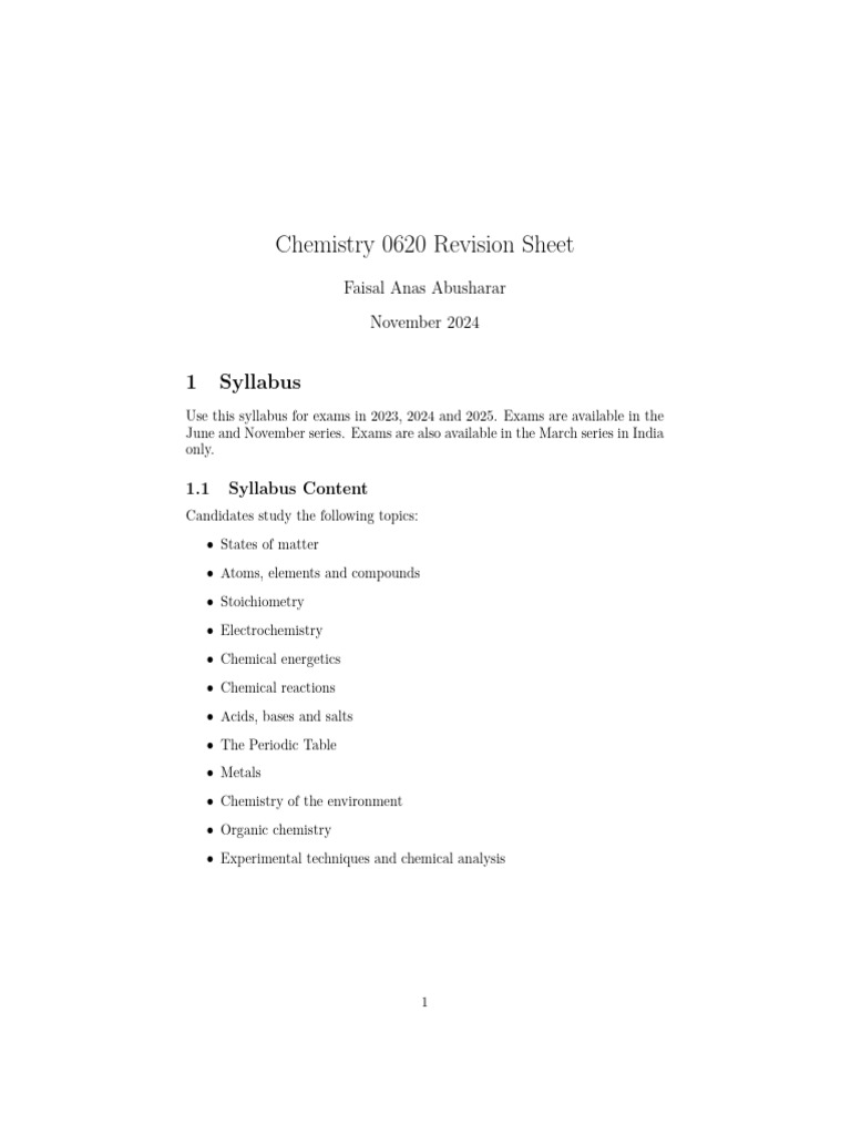 Chemistry Revision Sheet | PDF | Mole (Unit) | Stoichiometry