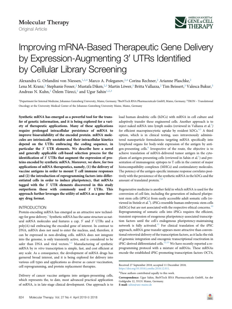Improving mRNA-Based Therapeutic Gene Delivery by Expression-Augmenting ...