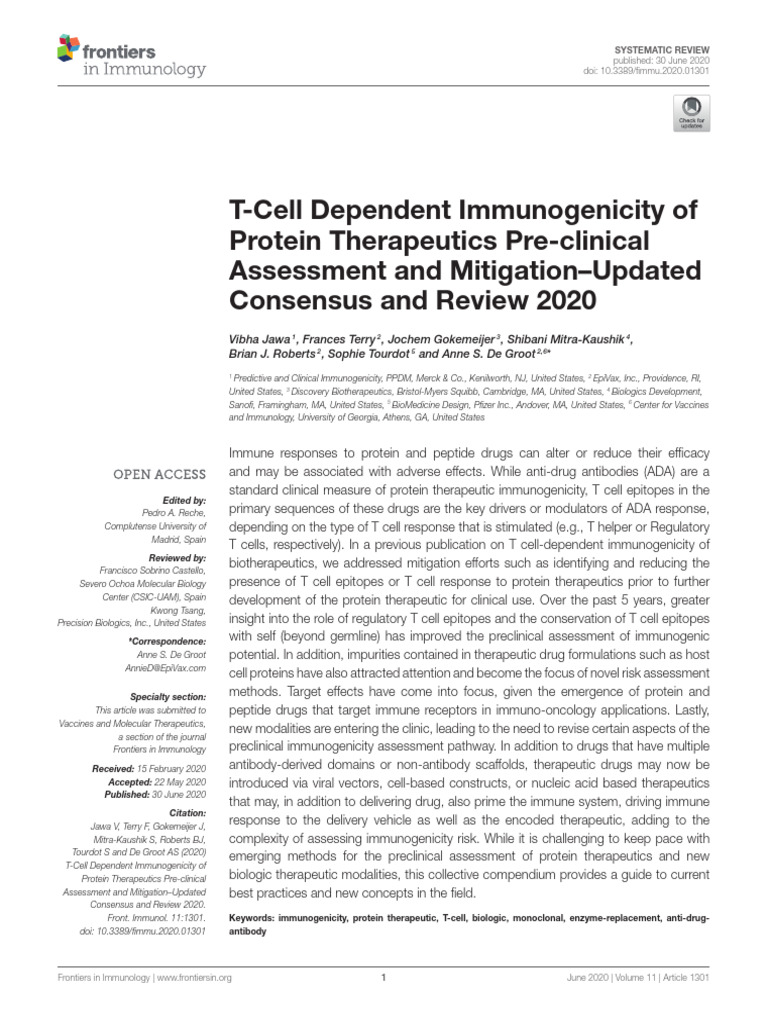 T-Cell Dependent Immunogenicity of Protein Therapeutics Pre-Clinical ...