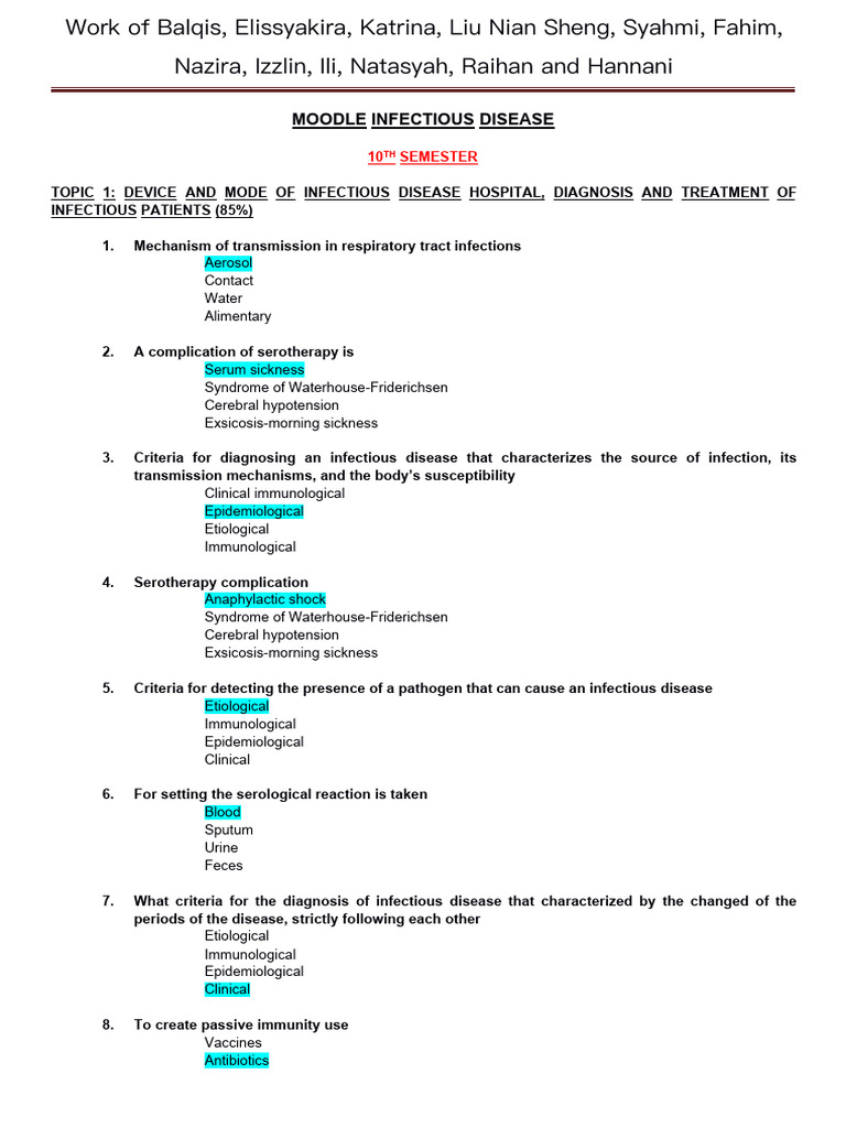 Infectious Disease Moodle TEST | PDF | Malaria | Infection