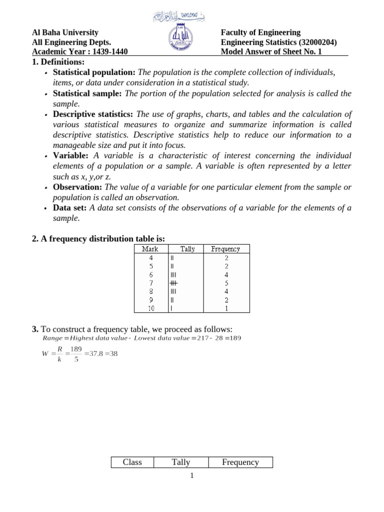 Model Answer of Sheet 1 | PDF | Statistics | Descriptive Statistics
