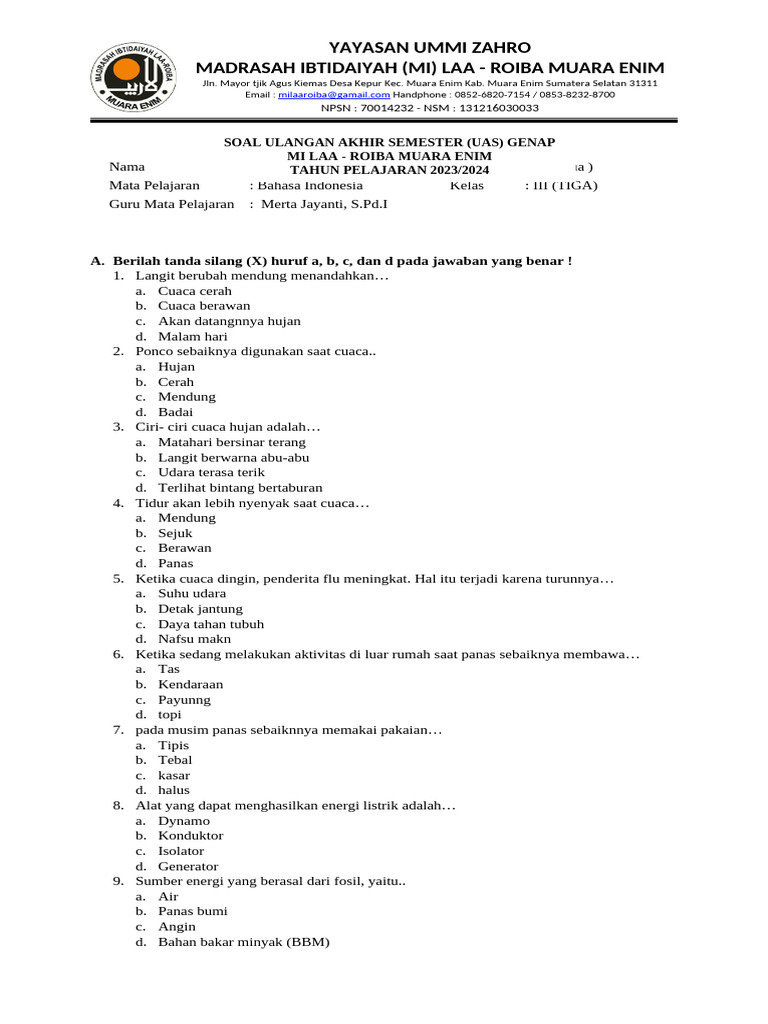 Soal Ulangan Bahasa Indonesia Kelas 3 MI Semetr II, 2024 | PDF